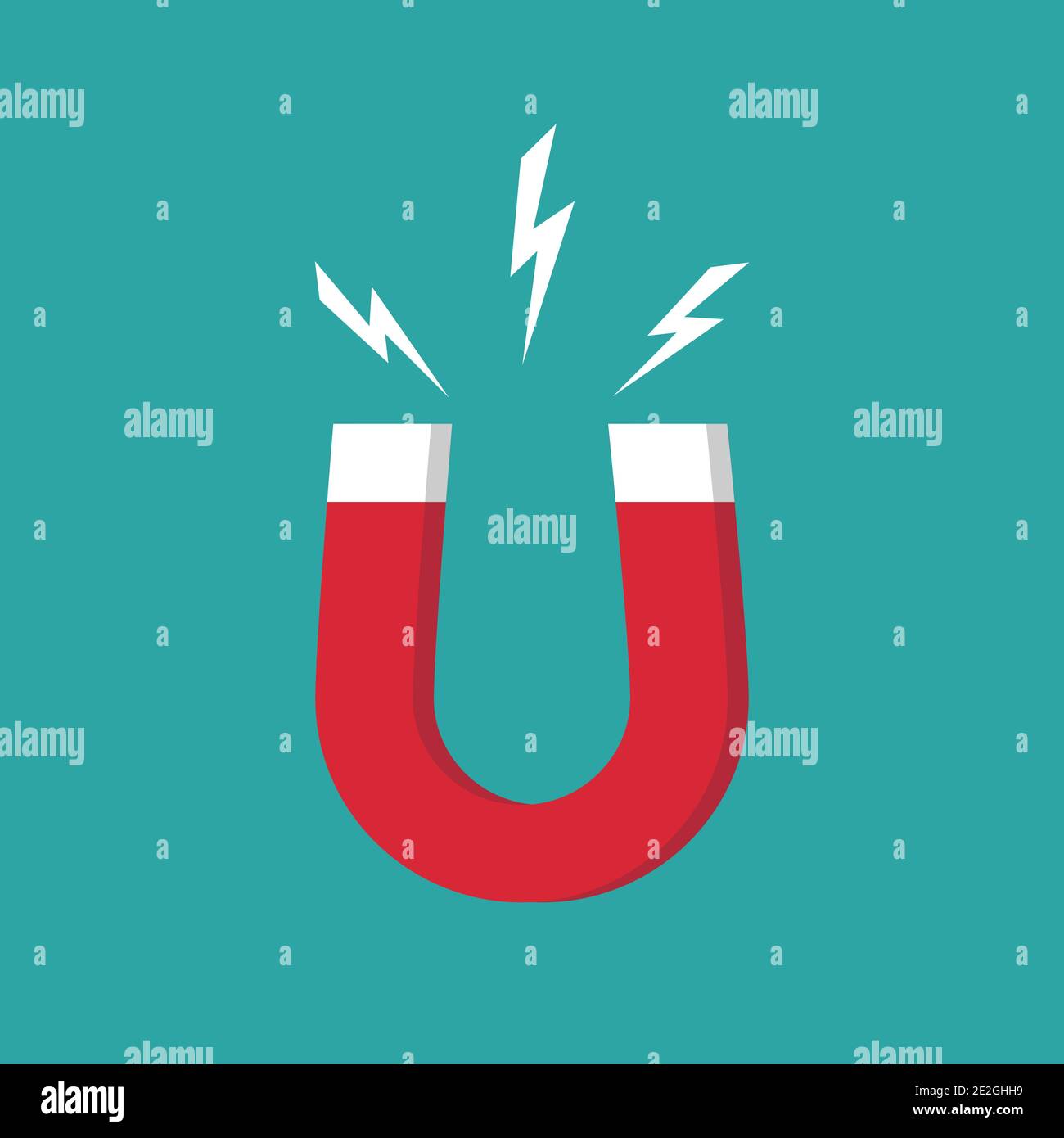 Red horseshoe magnet with magnetic power sign on blue background. u ...