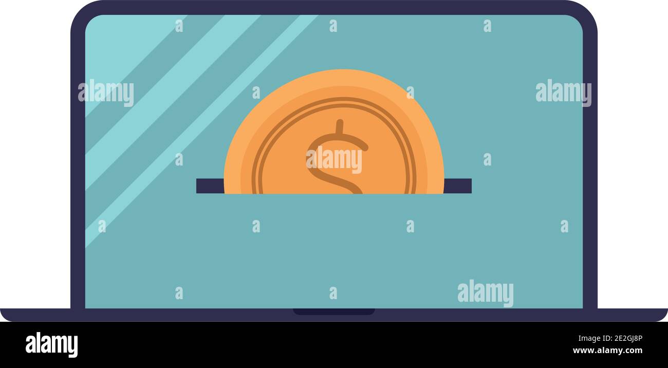 Coin in laptop of money financial business banking commerce and market ...