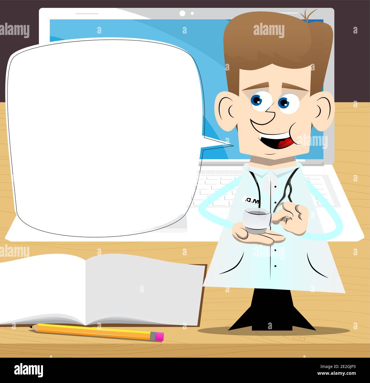Funny cartoon doctor holding a cup of coffee. Vector illustration ...