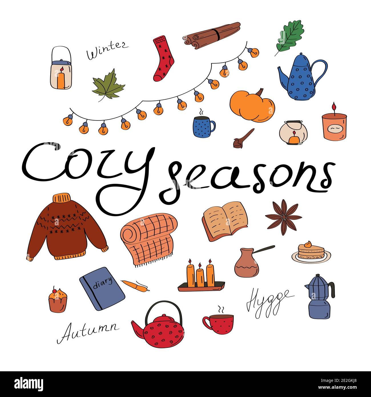 Cozy seasons. Big set of hygge icons and handwritten lettering. Cute ...
