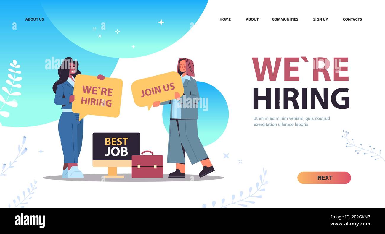 mix race businesswomen hr managers holding we are hiring join us ...