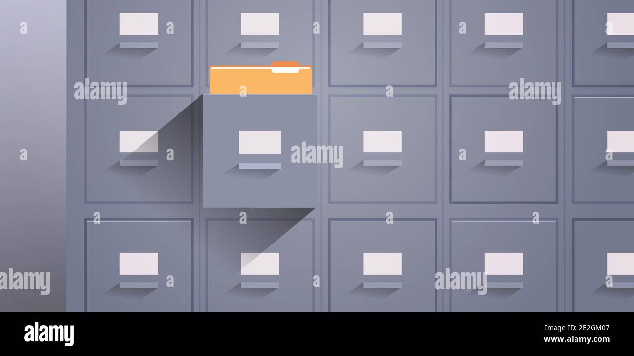 office wall of filing cabinet with open card catalog document data archive storage folders for ...