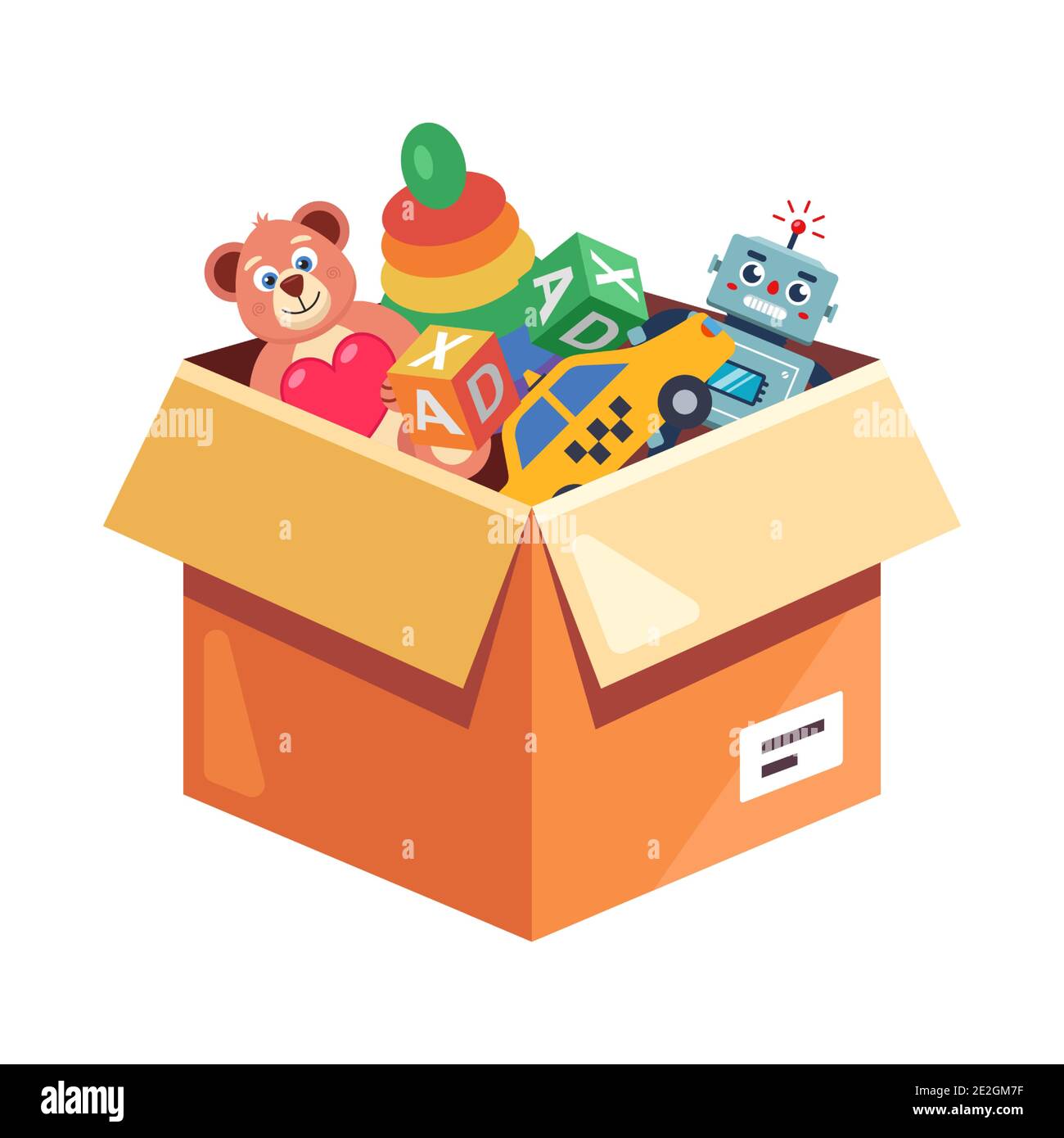 cardboard box with children's toys on a white background. flat vector ...