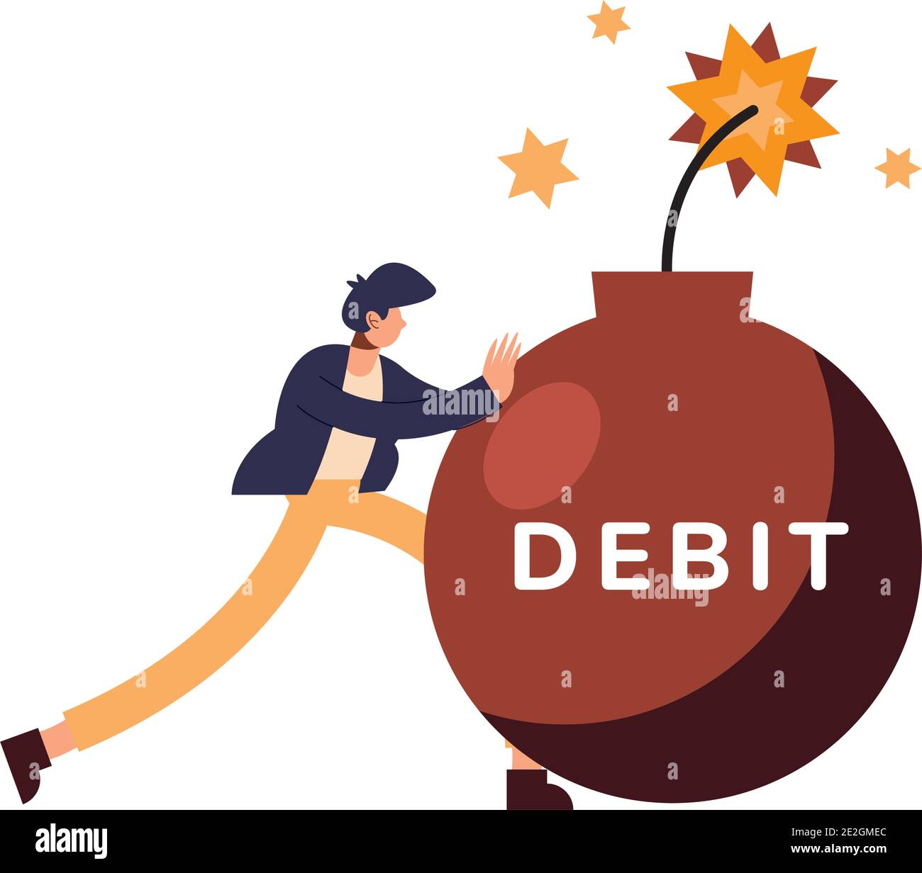 Man cartoon pushing debit bomb of money financial business banking ...