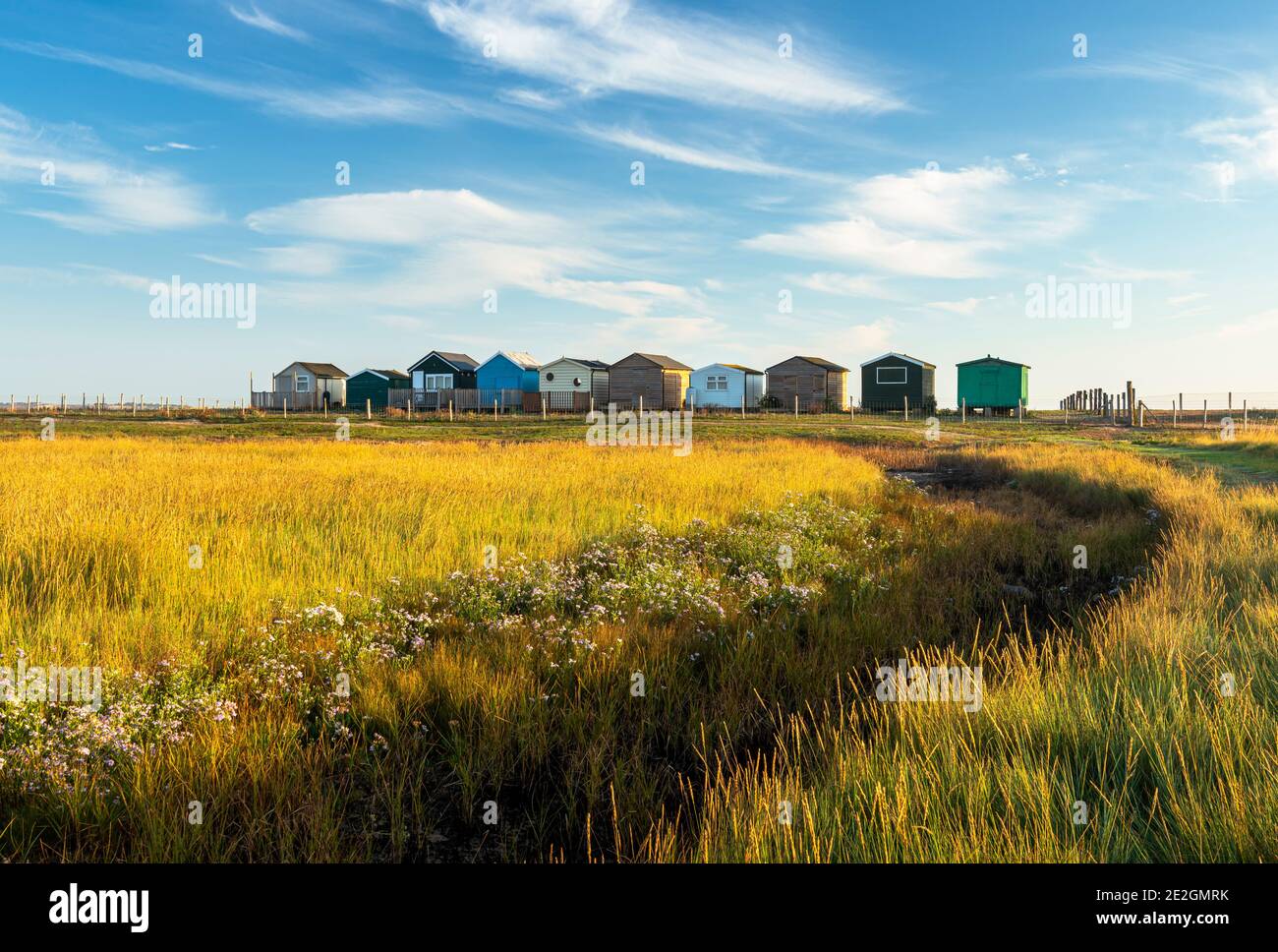 Beach huts on the North Kent coast at Seasalter, Whitstable, Kent Stock ...