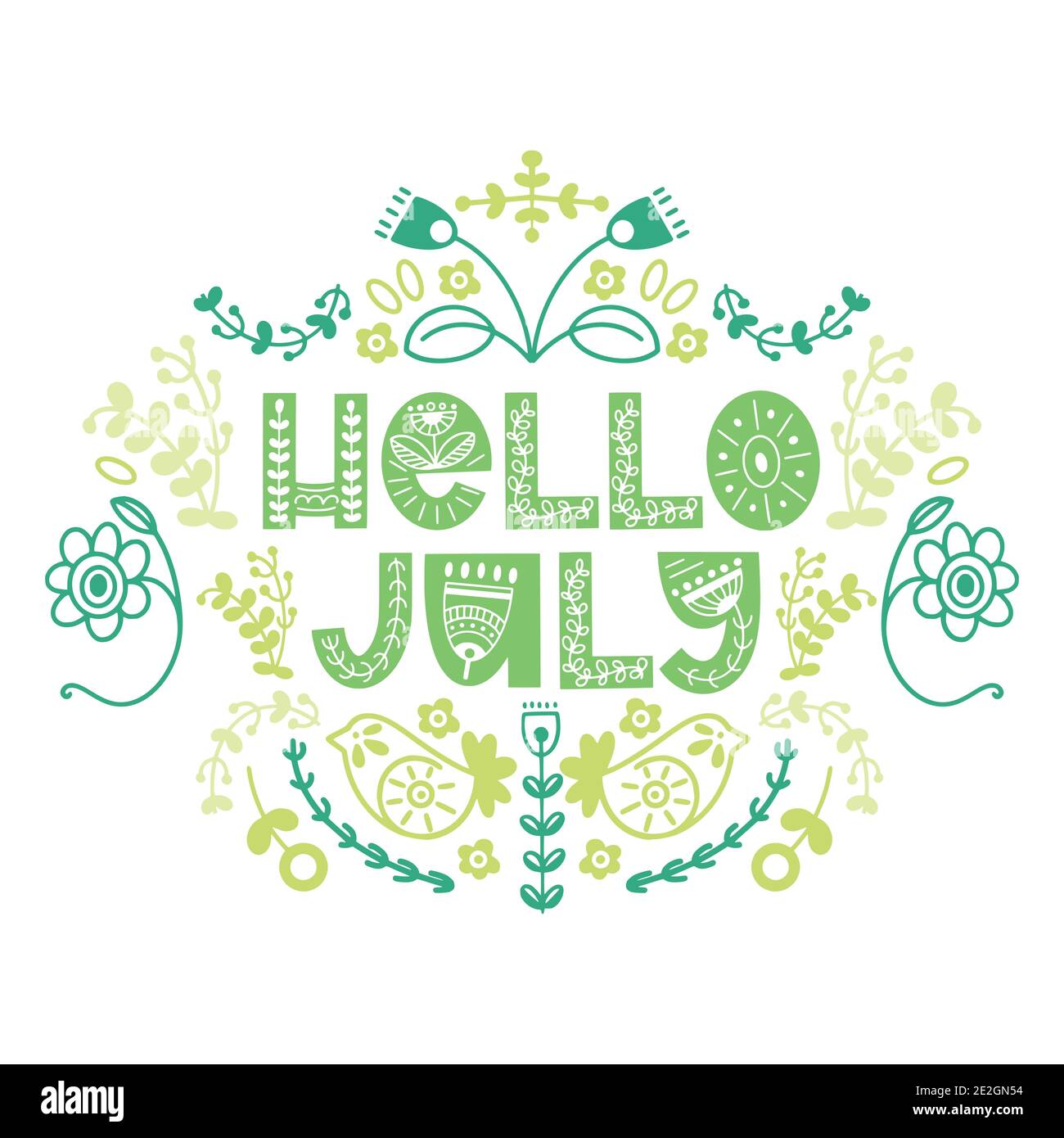 Hello July lettering. Elements for invitations, posters, greeting cards ...