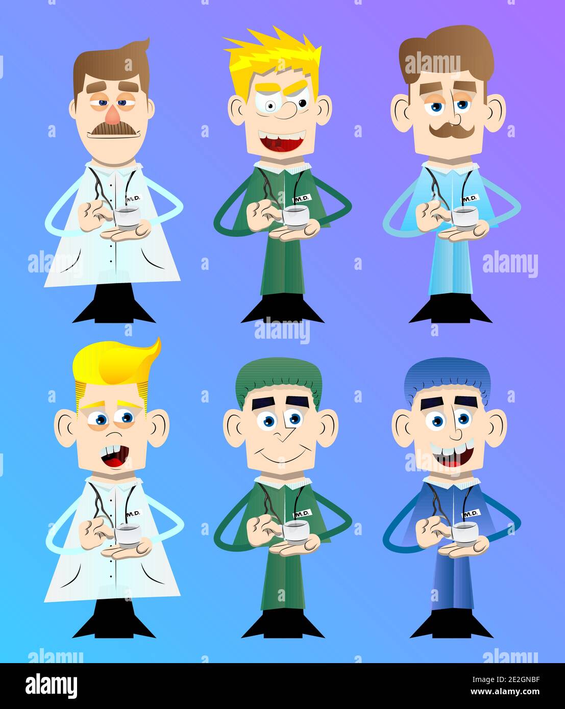 Funny cartoon doctor holding a cup of coffee. Vector illustration ...