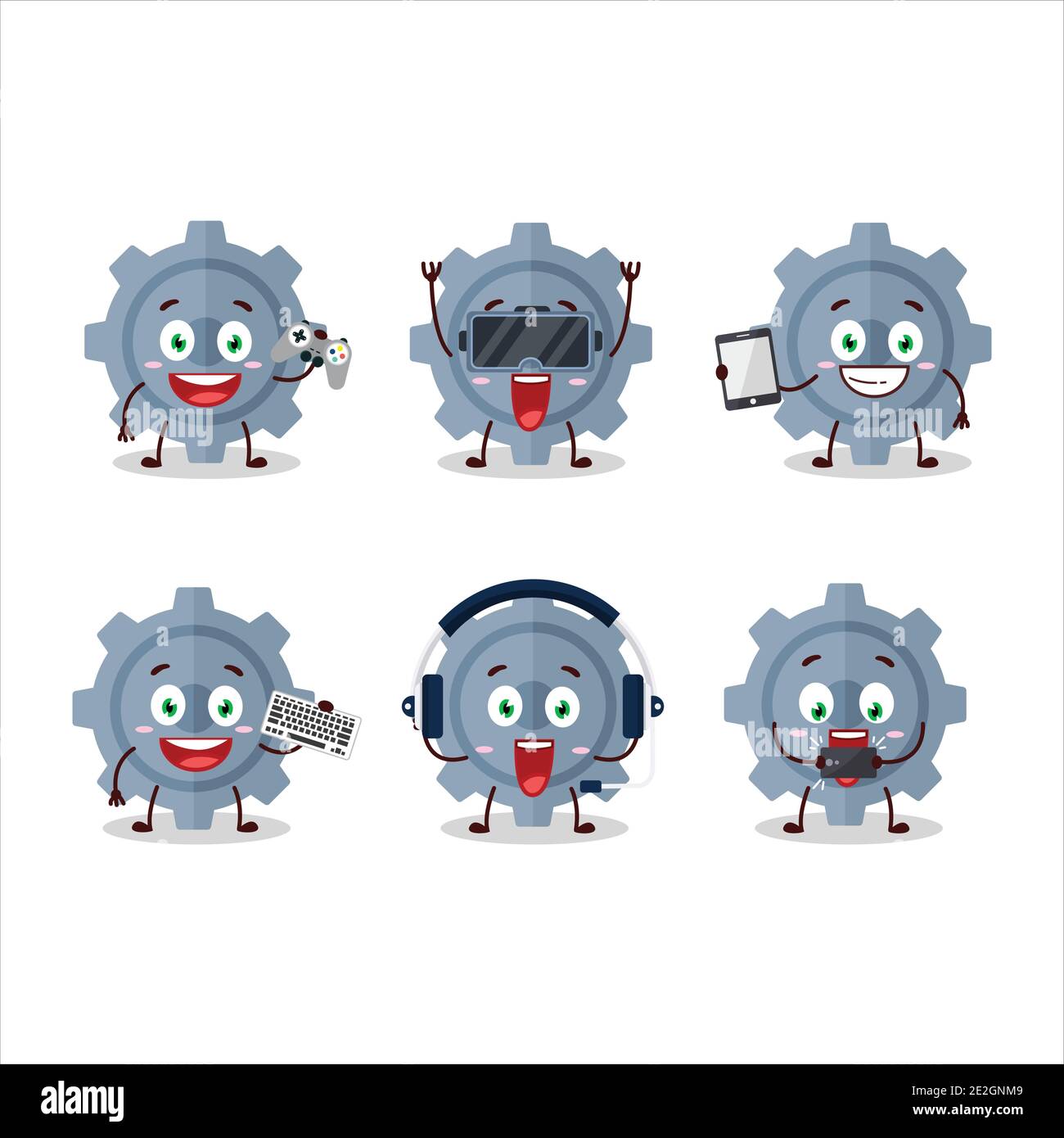 Gear cartoon character are playing games with various cute emoticons ...