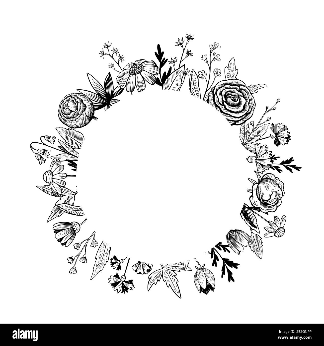 Cute round vintage floral frame. Hand drawn illustration in engraving ...