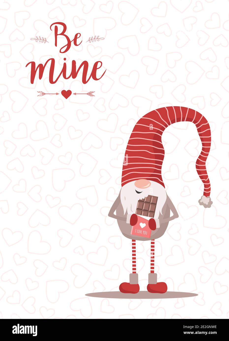 Vector Valentines day card with gnome. Be mine. Scandinavian cute elf ...