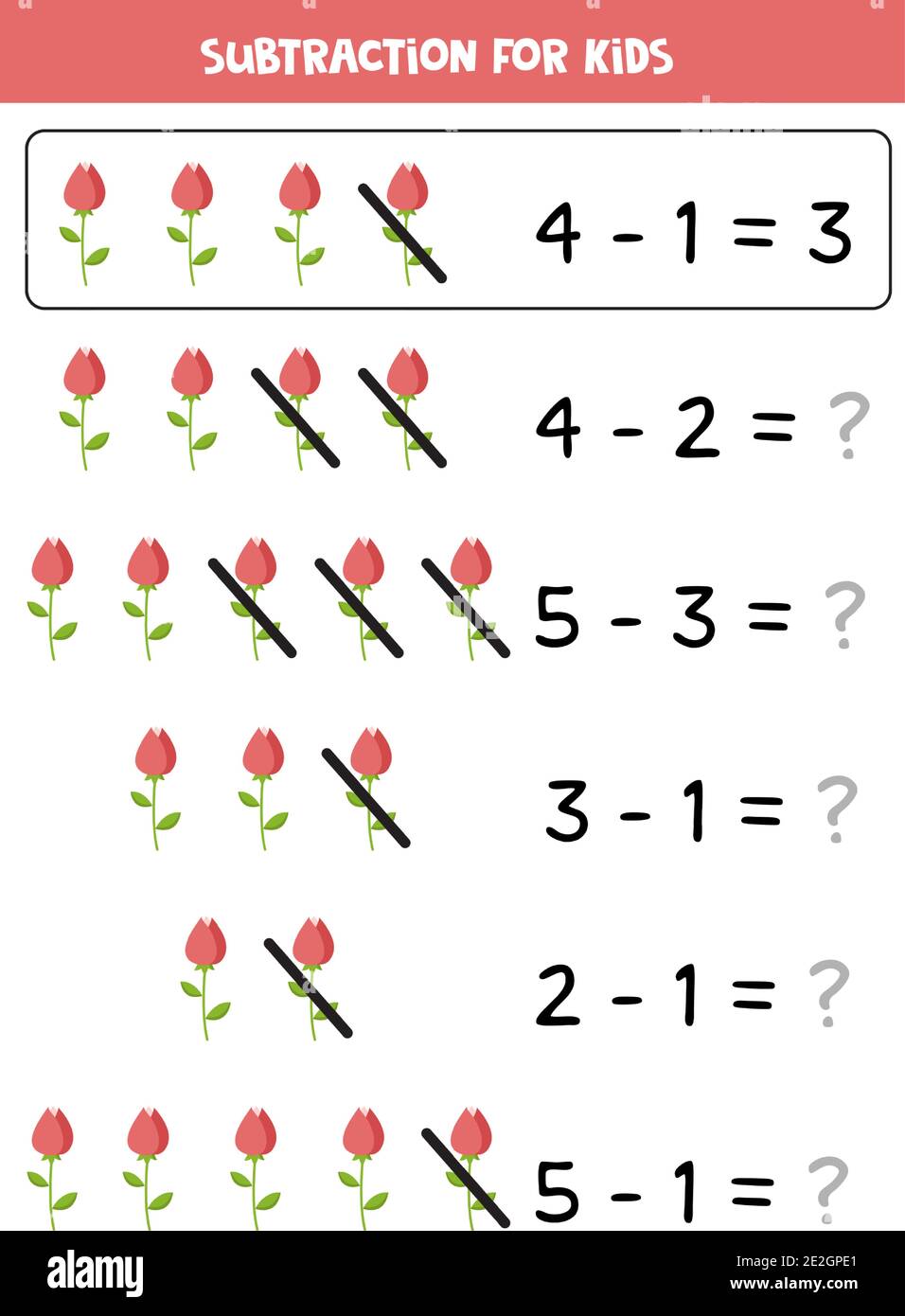 Subtraction with red rose. Educational math game for kids Stock Vector ...