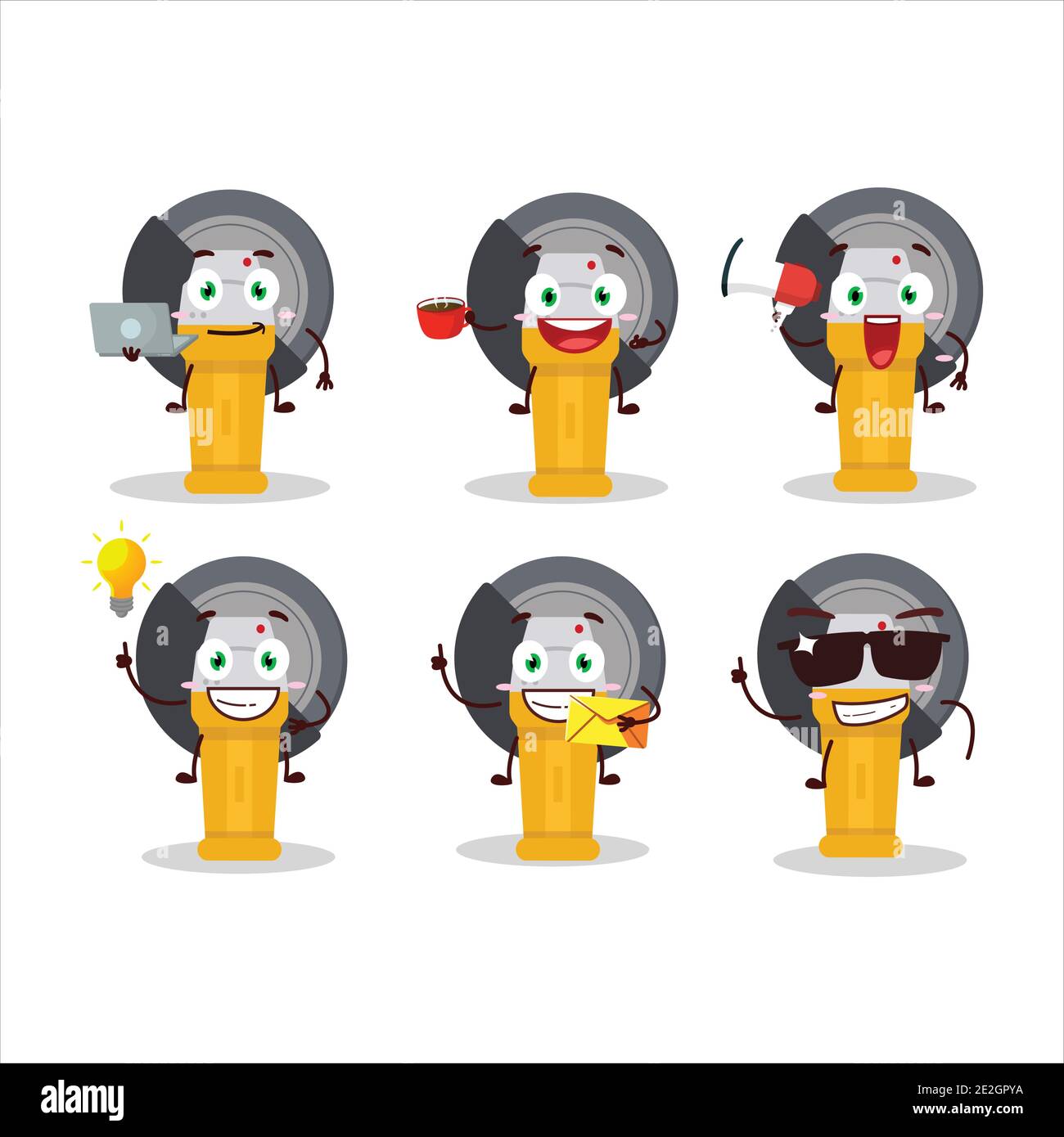 Grinder cartoon character with various types of business emoticons ...