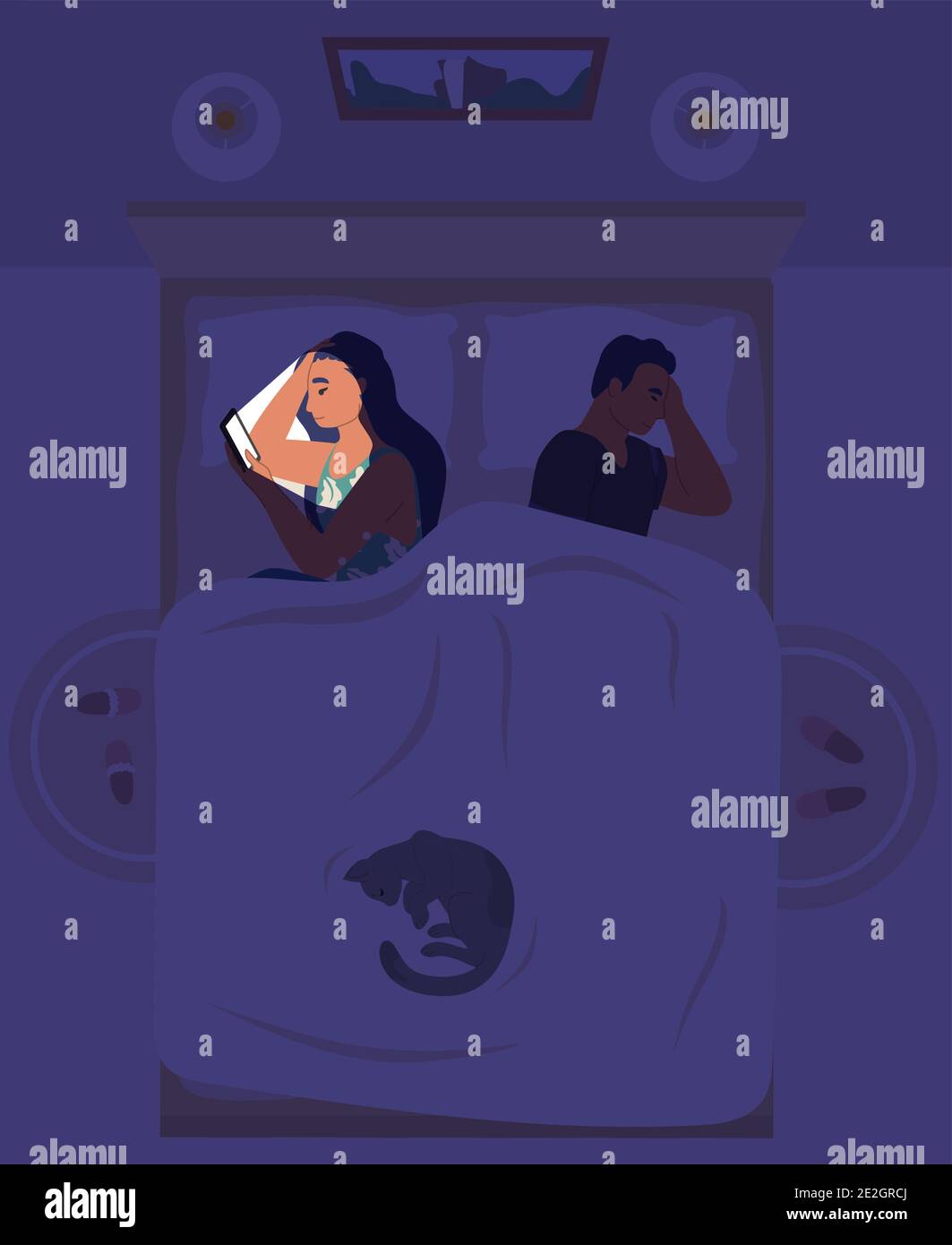 Sleepless woman using smartphone lying in bed and suffering from ...