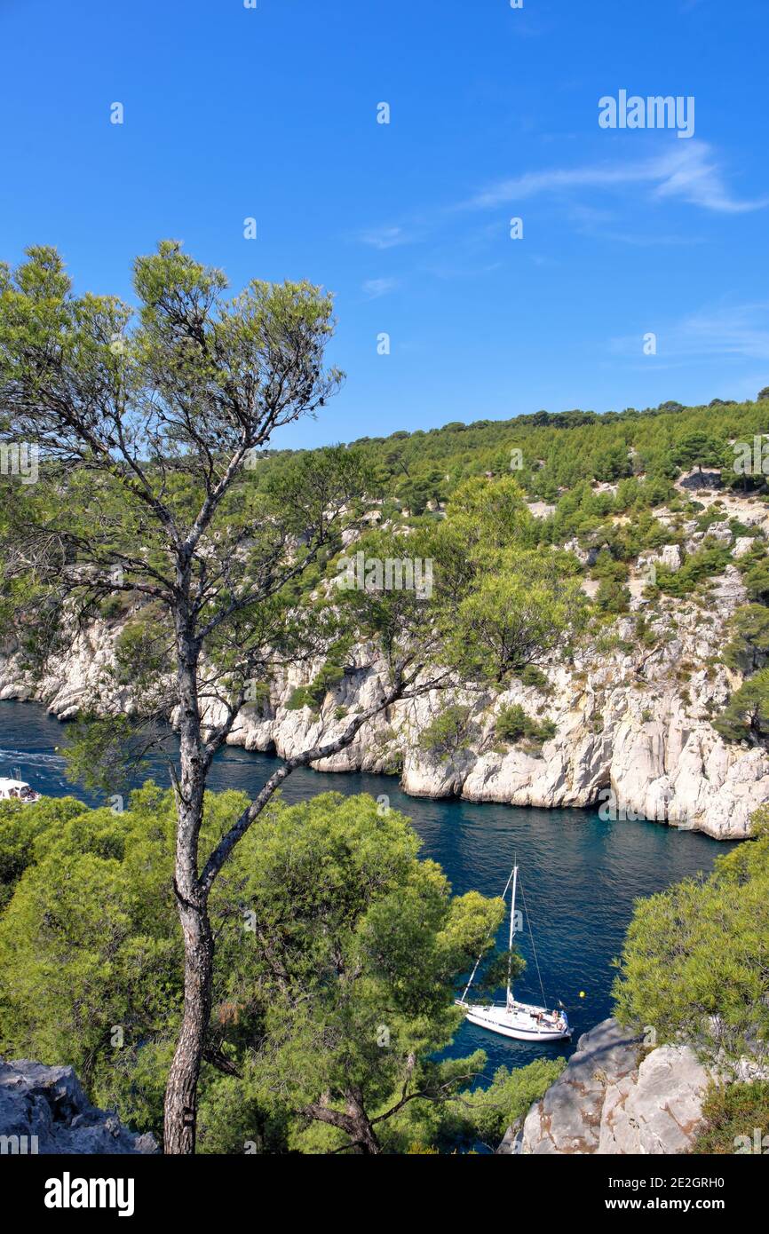 Cassis (south-eastern France): sailboat in the "calanque de Port-Pin ...
