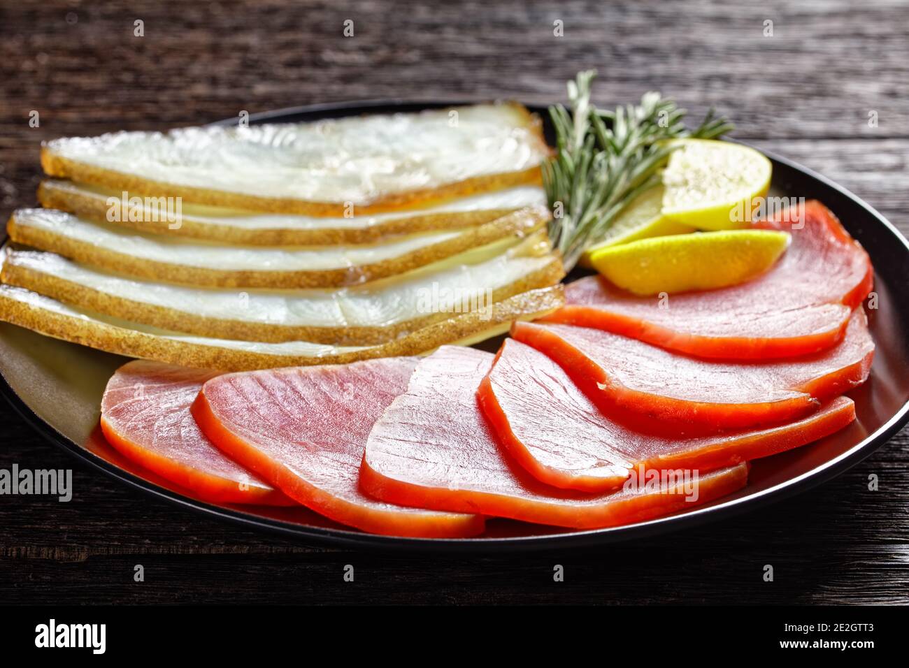 Smoked fish appetizer plate: cold smoked halibut and cold smoked tuna ...