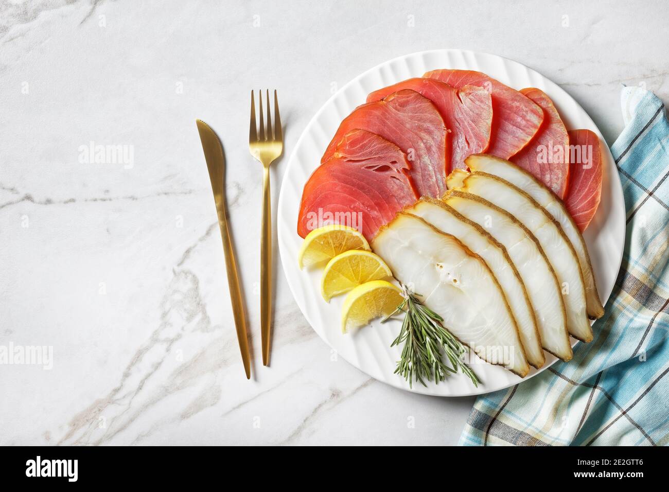 Cold smoked halibut and cold-smoked tuna slices Stock Photo - Alamy