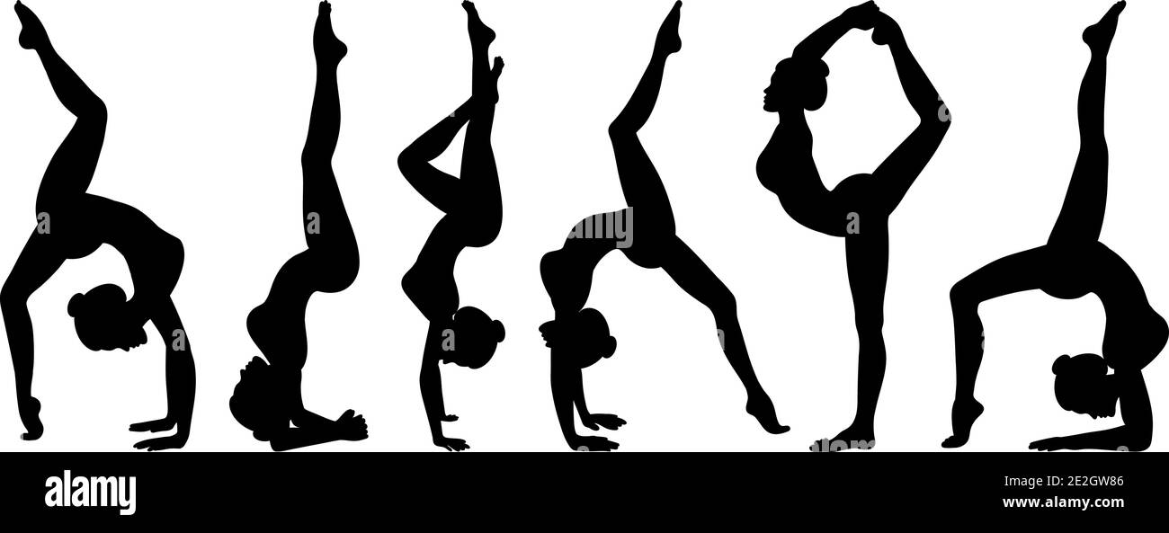 Set of silhouettes of woman doing yoga poses. Icons of girl stretching ...