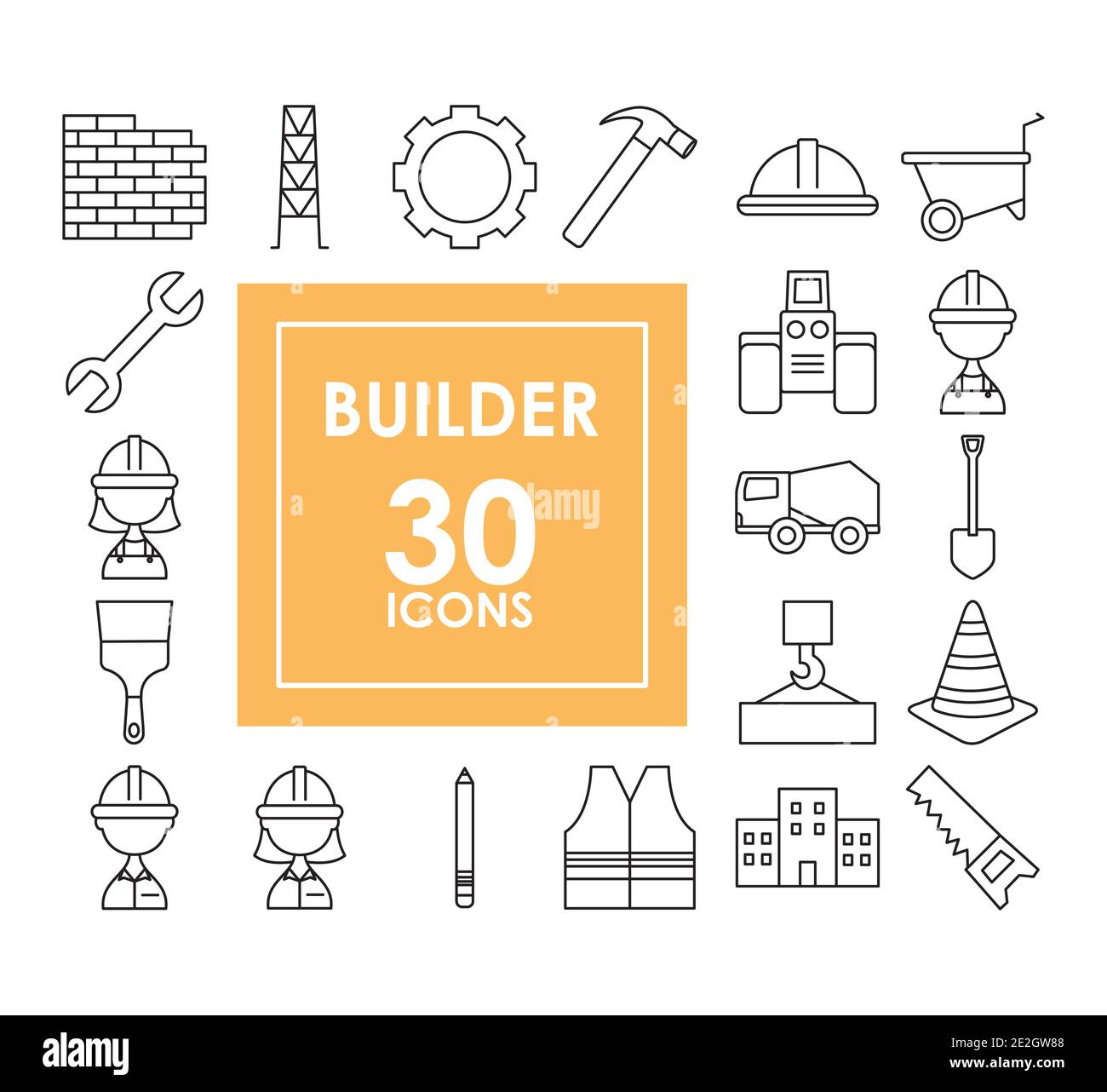 cartoon construction icon set over white background, line style, vector ...
