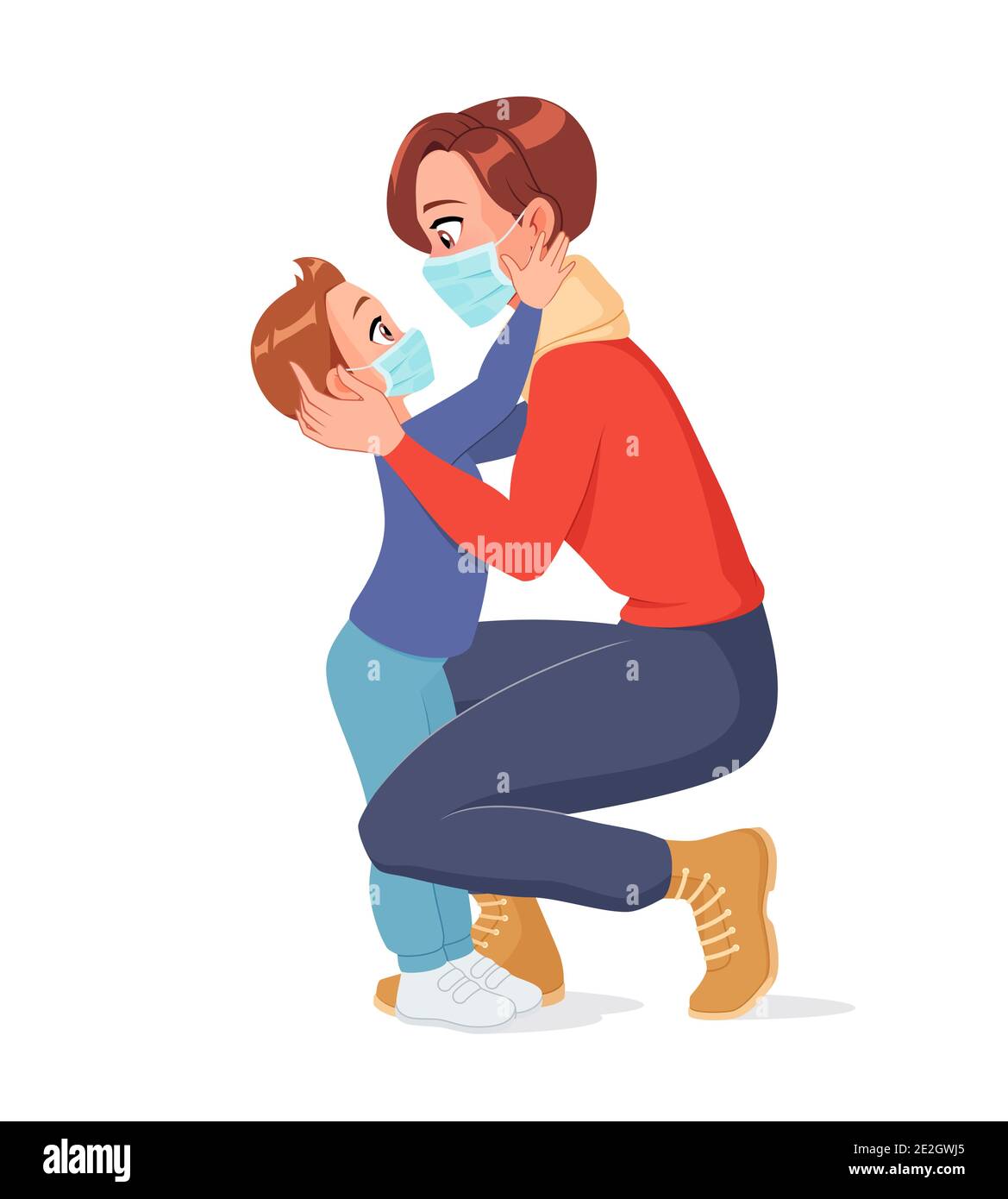 Mother and child in face masks. Isolated vector illustration Stock ...