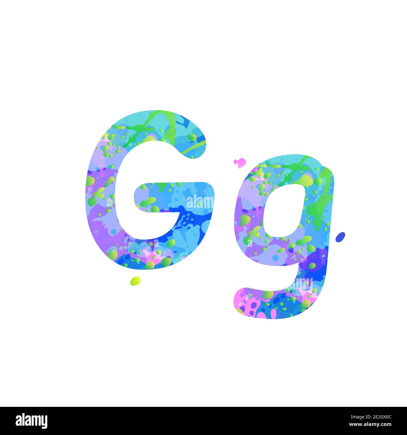 Letters G uppercase and lowercase with effect of liquid spots of paint ...