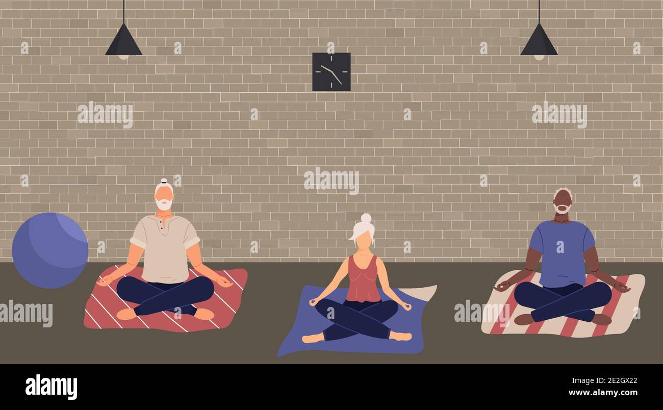 Group of elderly people sitting with legs crossed on floor and ...