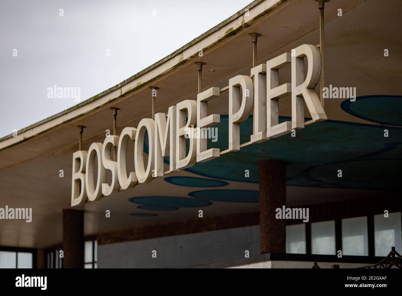 Sign at the head of Boscombe Pier Bournemouth beach in the winter 30 ...