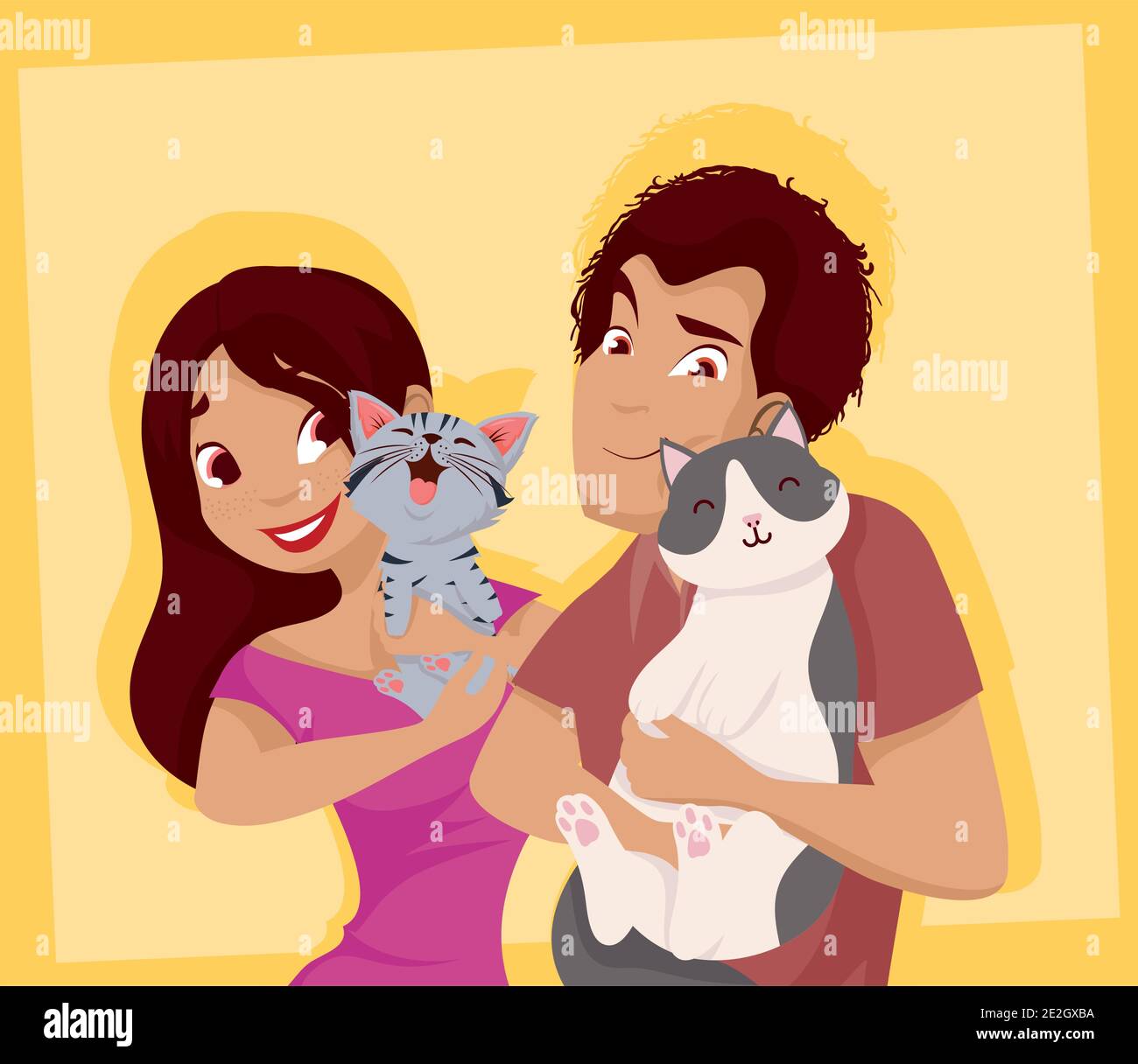 Woman and man with cute cats mascots design, Pet animal nature and ...