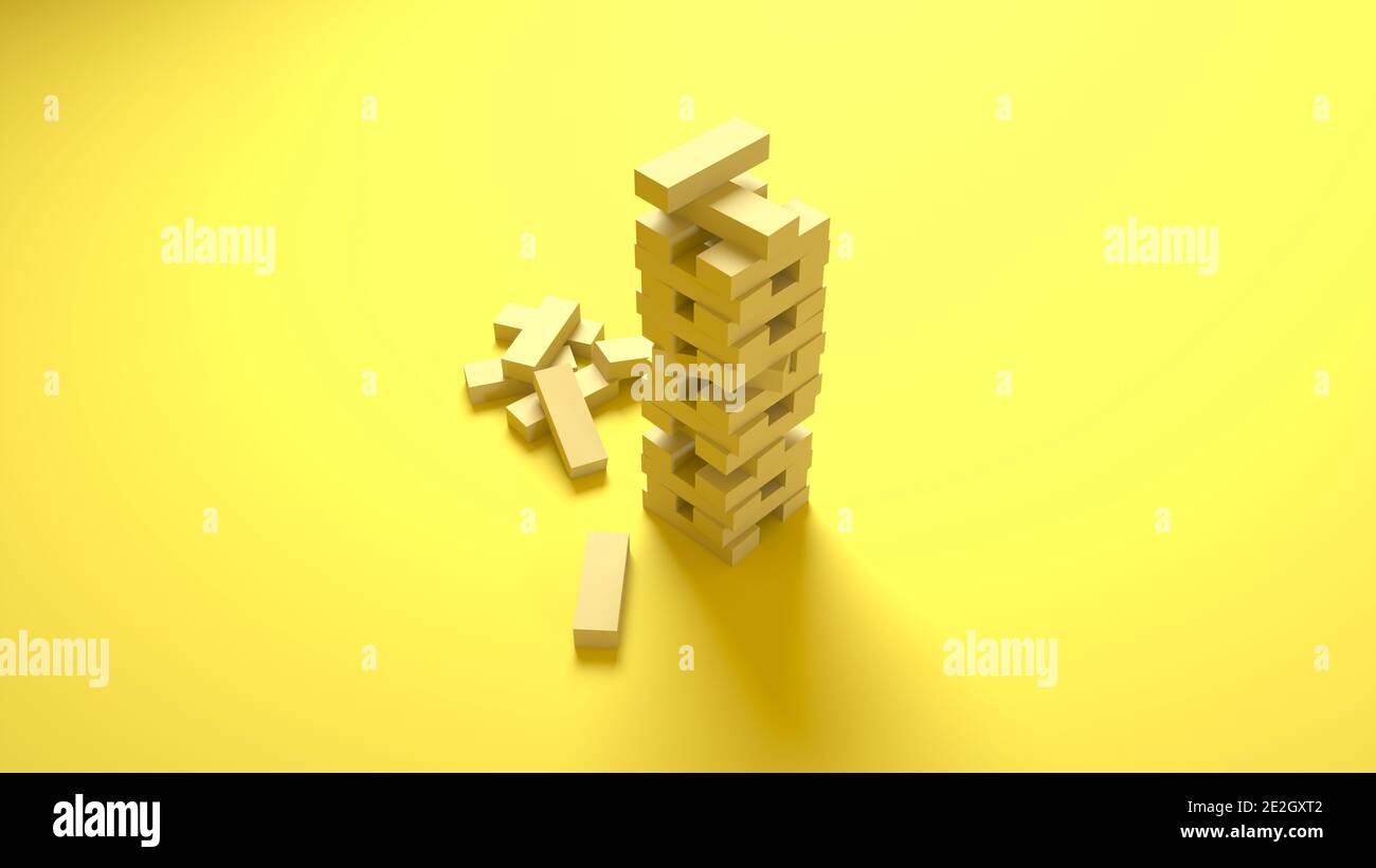 Blocks wood game isolated on yellow background. 3d illustration Stock ...