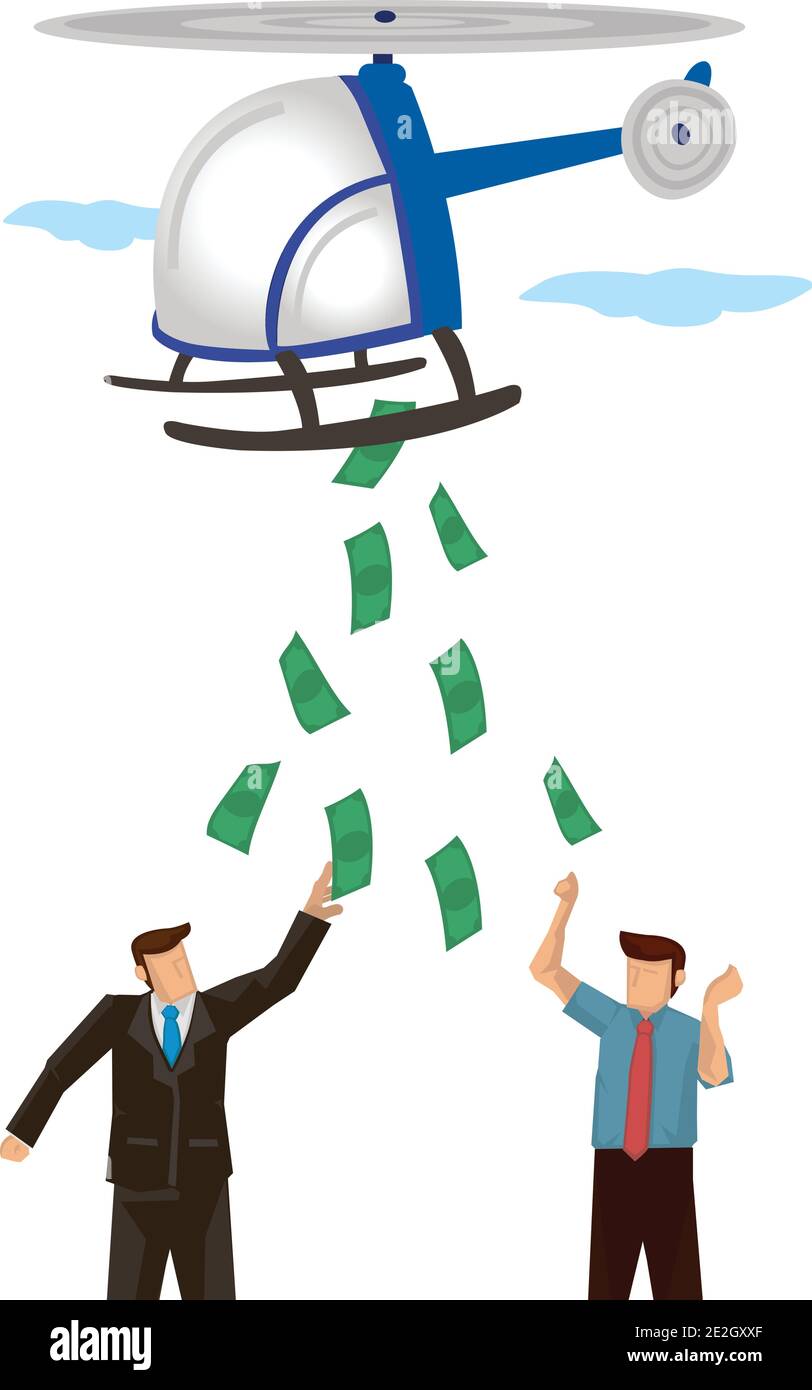 Helicopter dropping money in sky. Businessmen grabbing money. Finance ...