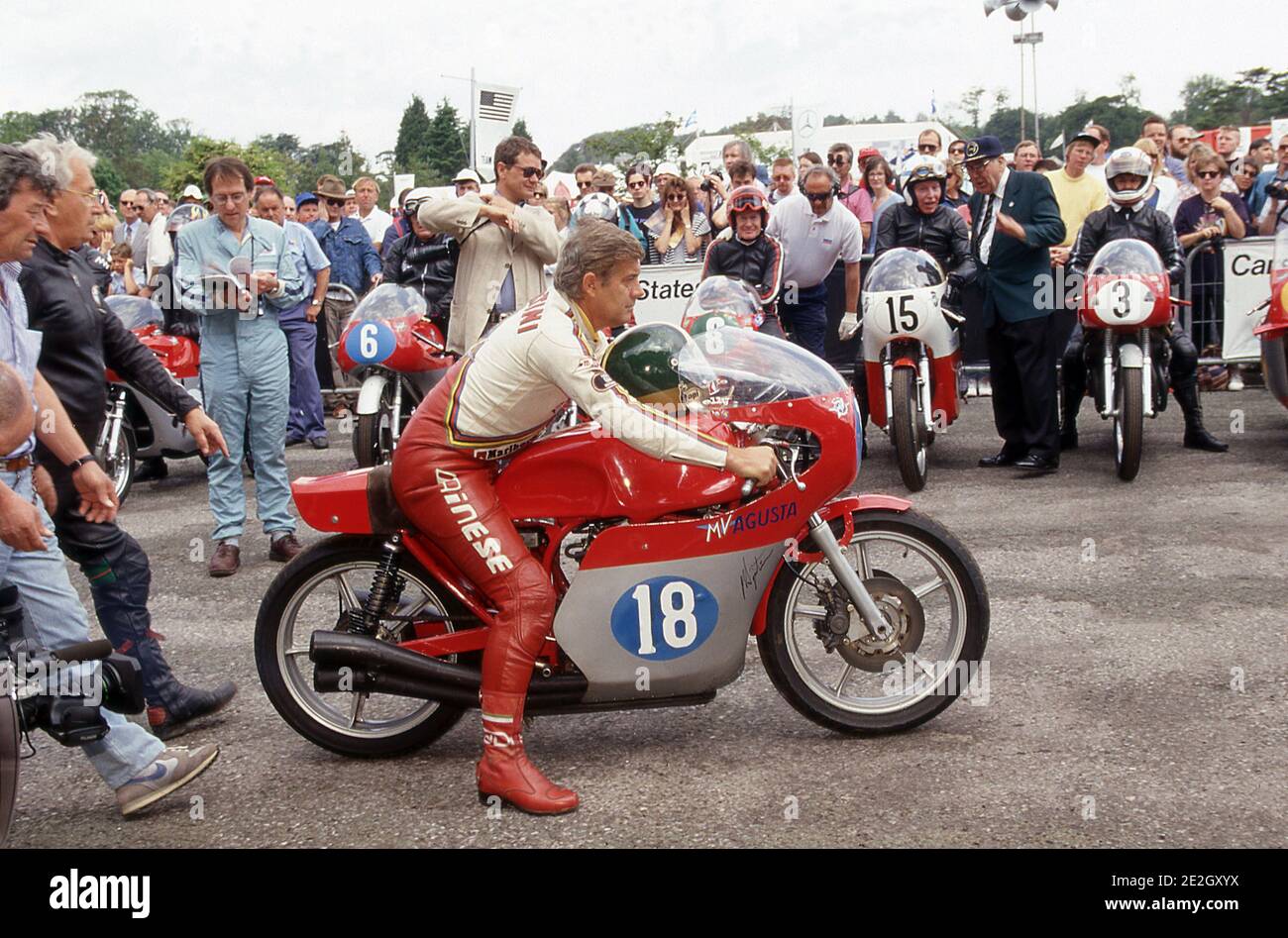 Giacomo Agostini riding his 350 MV Augusta motorcycle at the Goodwood ...
