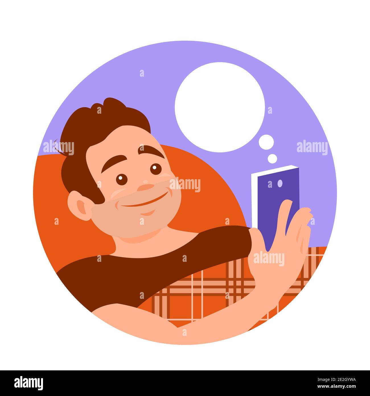 Young man reads a message on the phone. Happy face. Vector round ...
