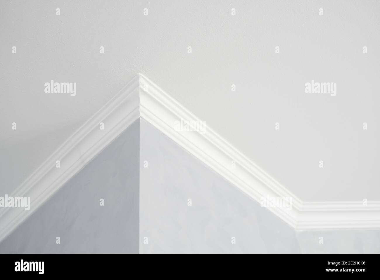 White ceiling with a white plinth in a room with gray painted walls ...