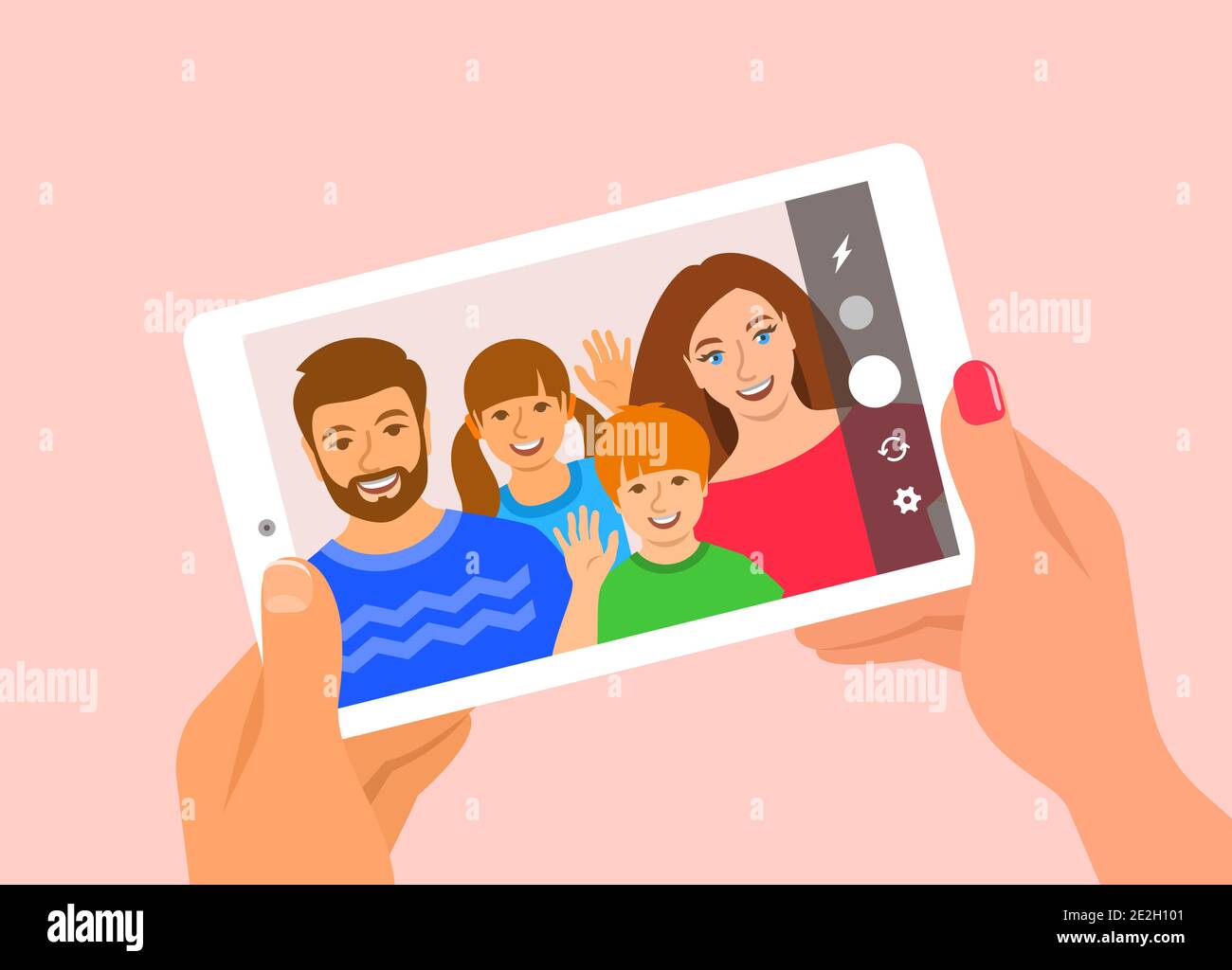 Modern family selfie concept. Flat vector illustration. Young family ...