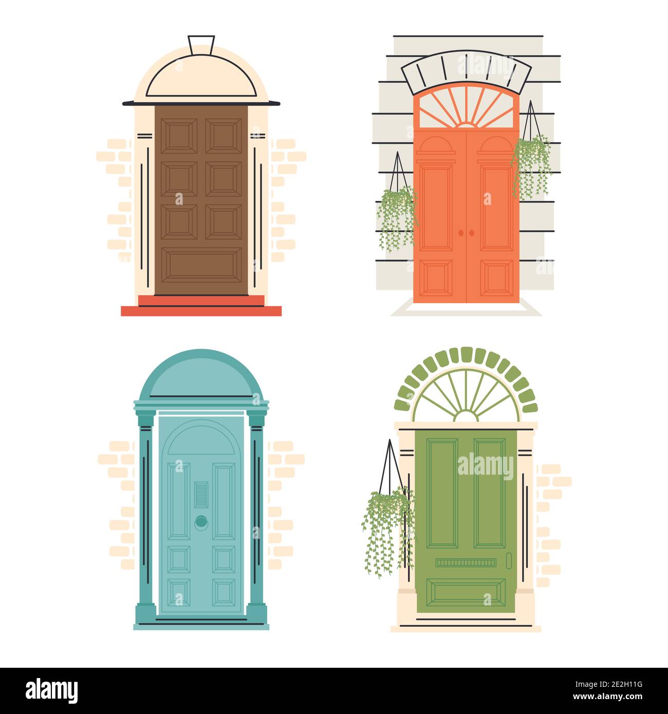 front doors with plants symbol set design, House home entrance ...