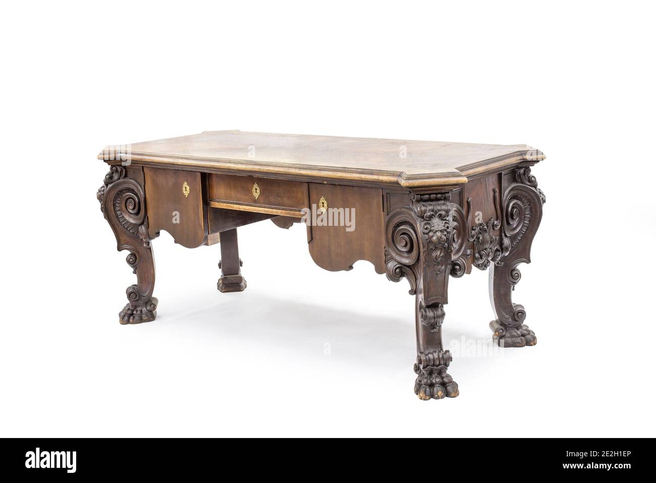 Old smart brown writing desk with drawers on the white background Stock ...