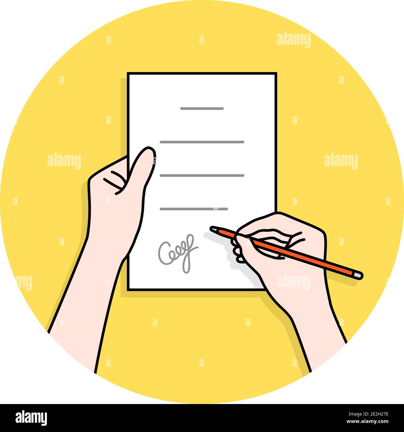 linear hands with signed contract. concept of man or woman with confirm ...
