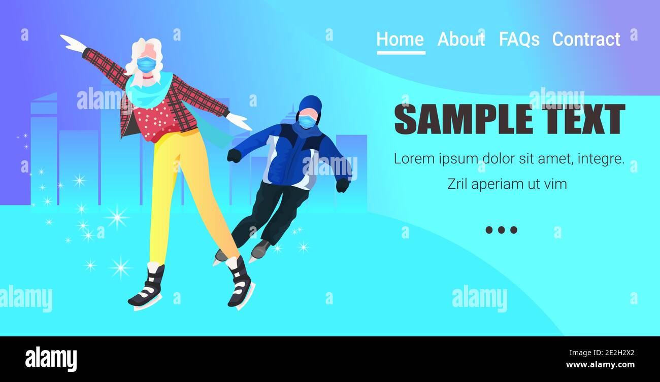 people in masks skating on ice rink man woman having fun coronavirus ...