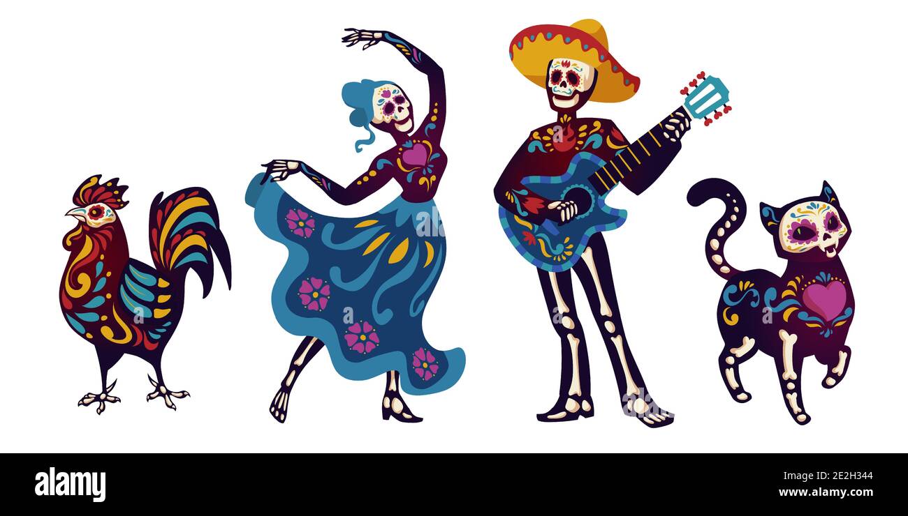 Day of the dead, Dia de los muertos characters dancing Catrina or ...