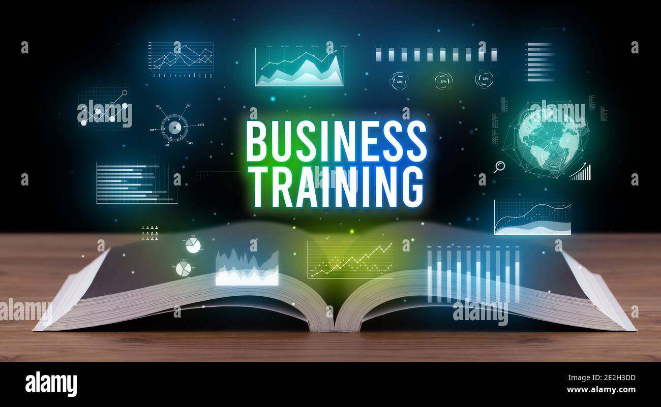 BUSINESS TRAINING inscription coming out from an open book, creative ...