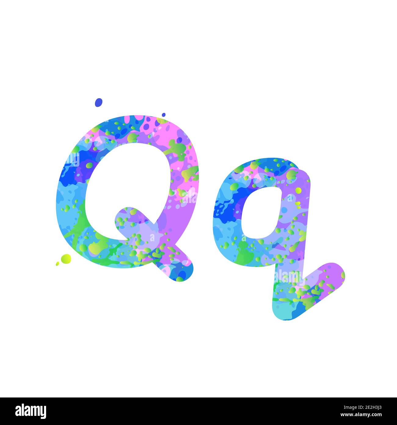 Letters Q uppercase and lowercase with effect of liquid spots of paint ...