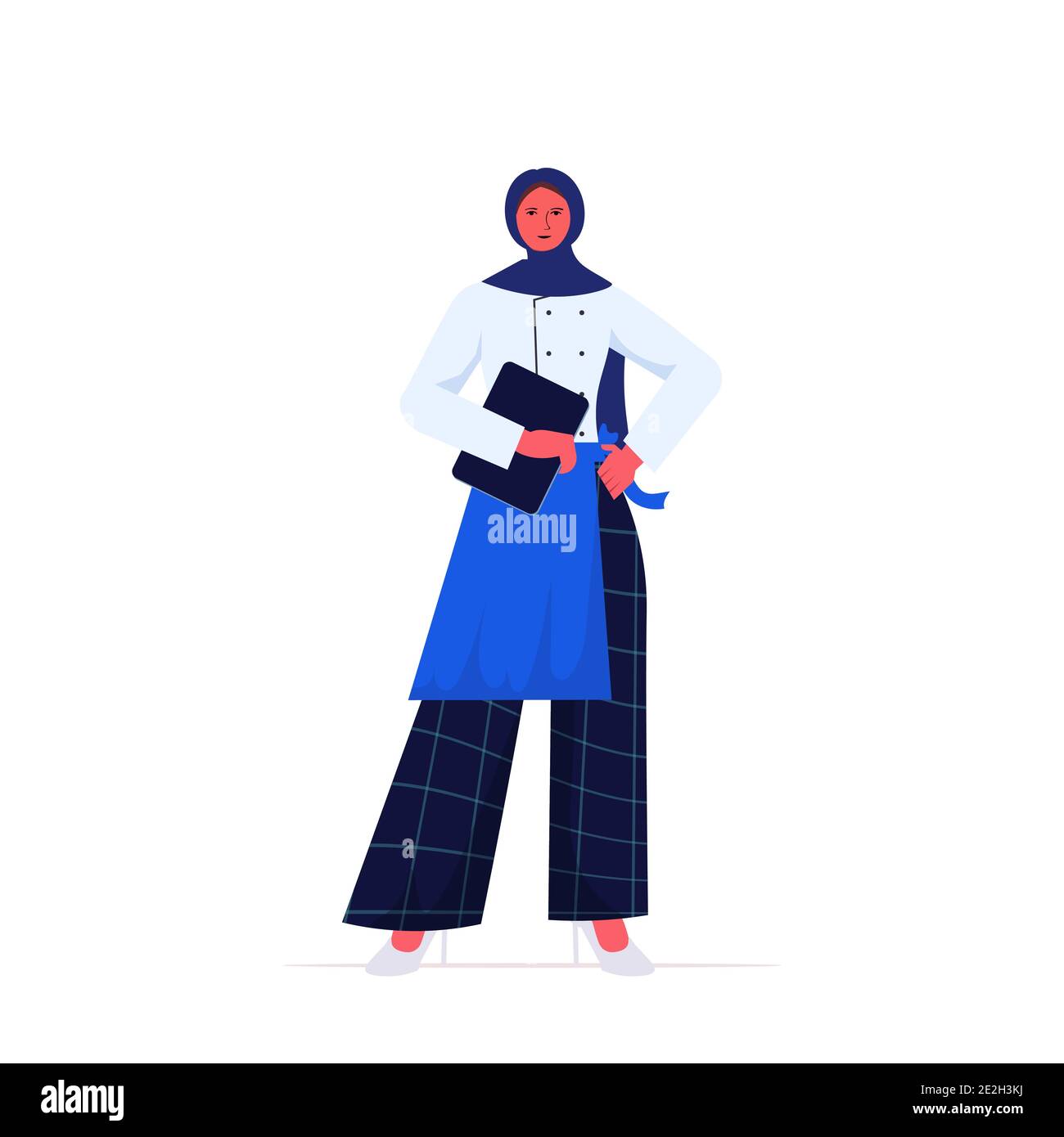 female cook in uniform arab woman chef holding tablet pc cooking food ...