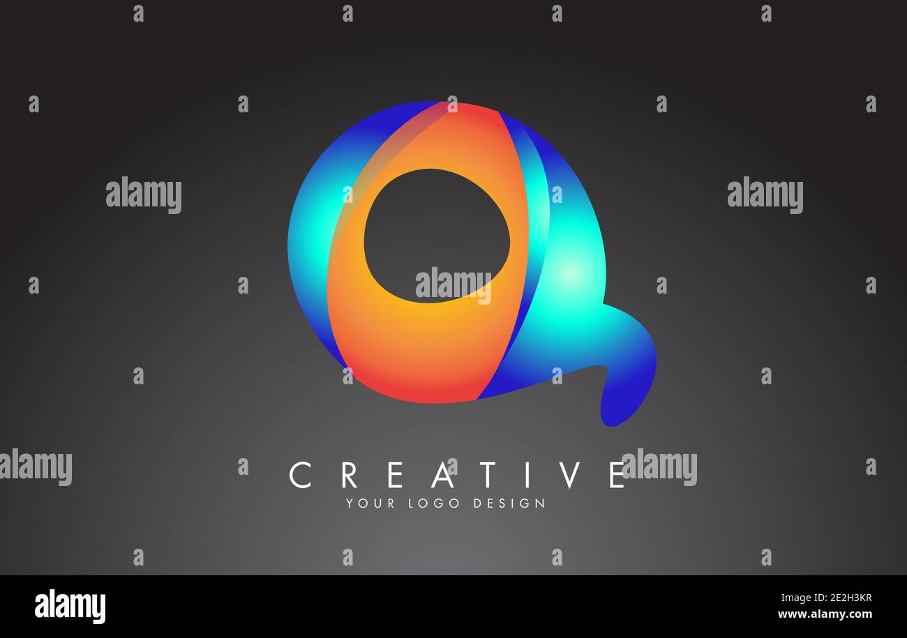 Colorful Q letter logo with twisted lines effect. Rounded font style ...