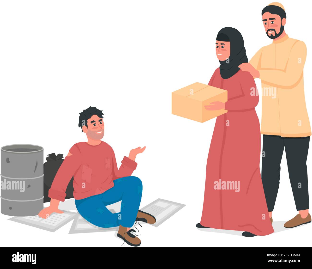 Arabian couple help homeless man flat color vector faceless character ...