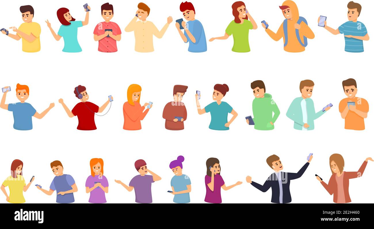 Using smartphone icons set. Cartoon set of using smartphone vector ...