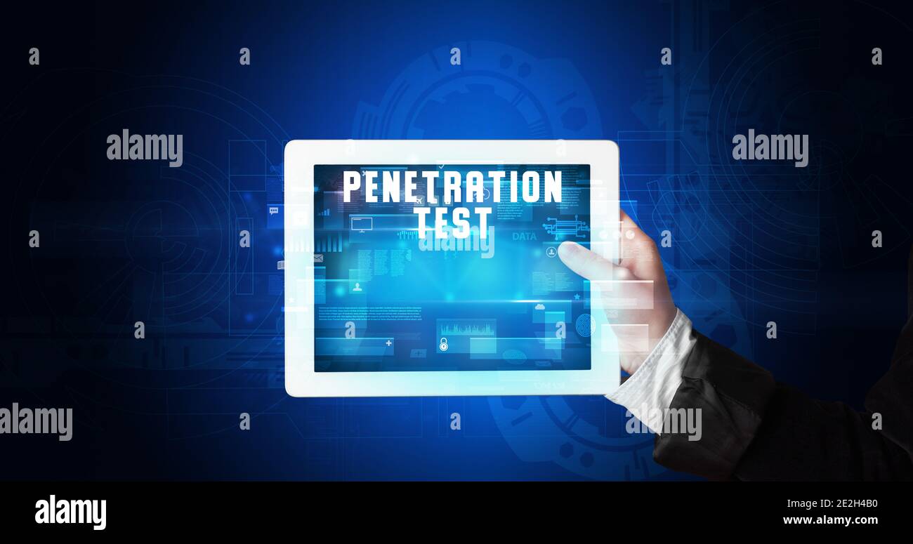 Young business person working on tablet and shows the digital sign ...