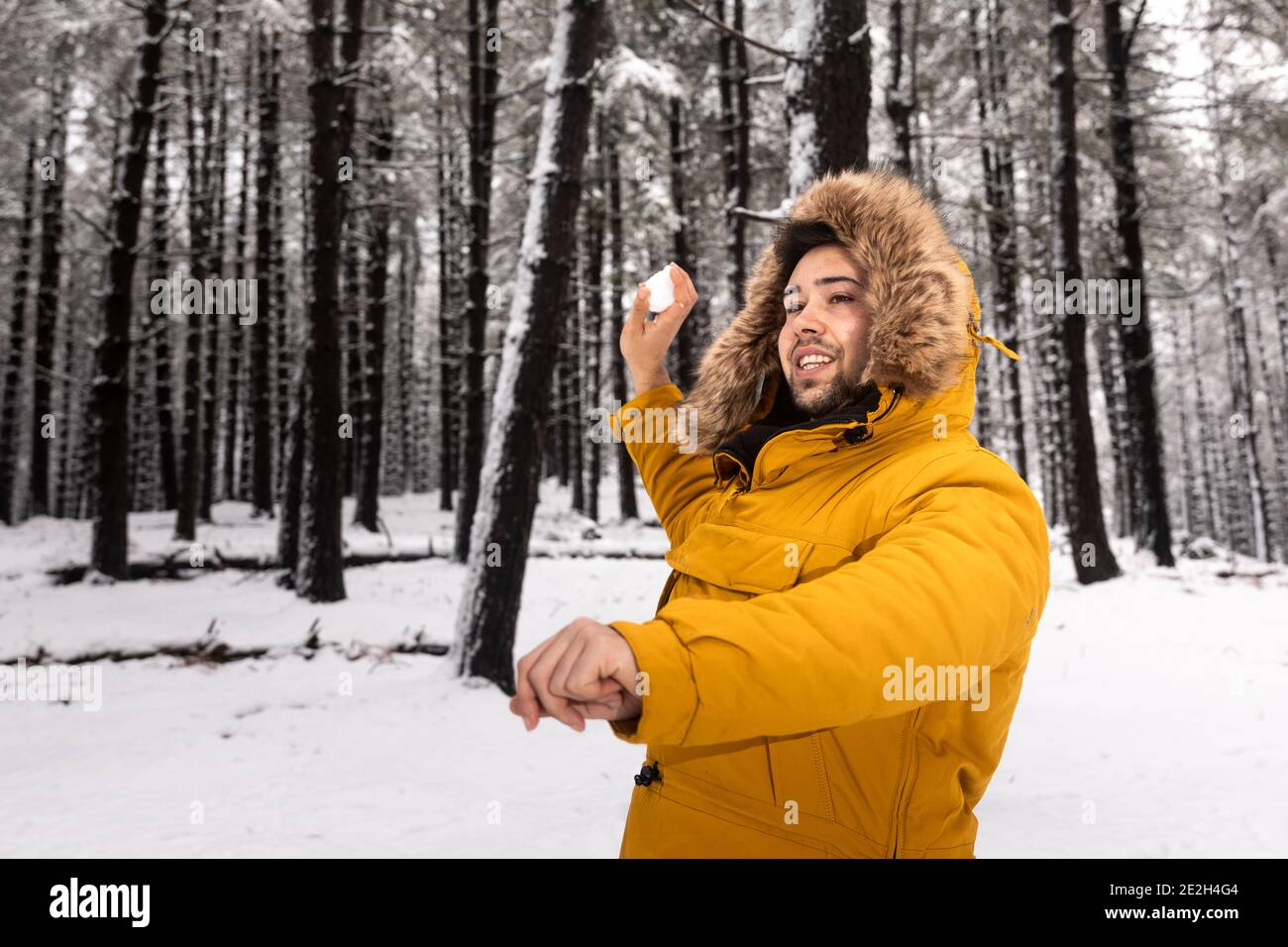Young man throwing a snowball on a snowy forest Stock Photo - Alamy