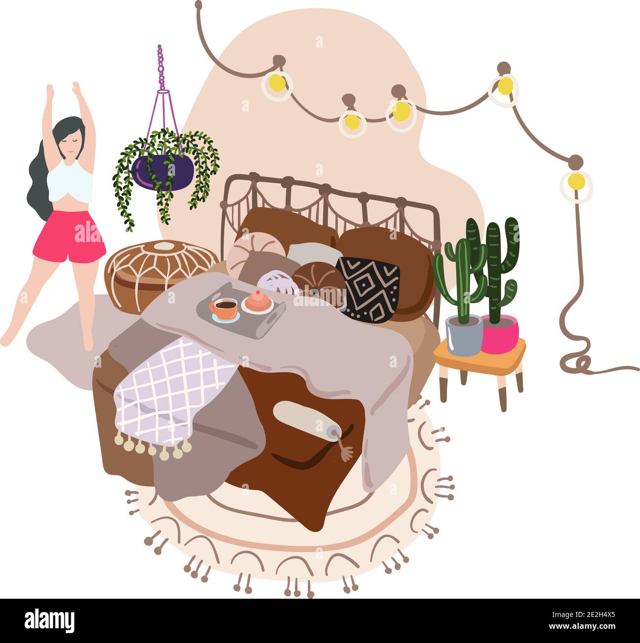 Stay home morning routine vector drawing with boho interior design and ...