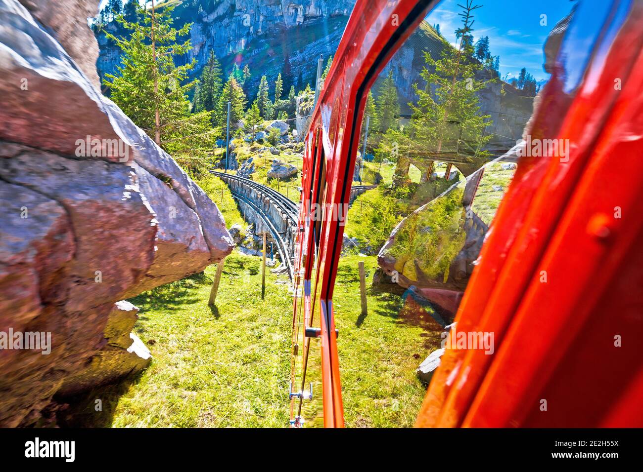 View of Mount Pilatus descent from worlds steepest cogwheel railway ...