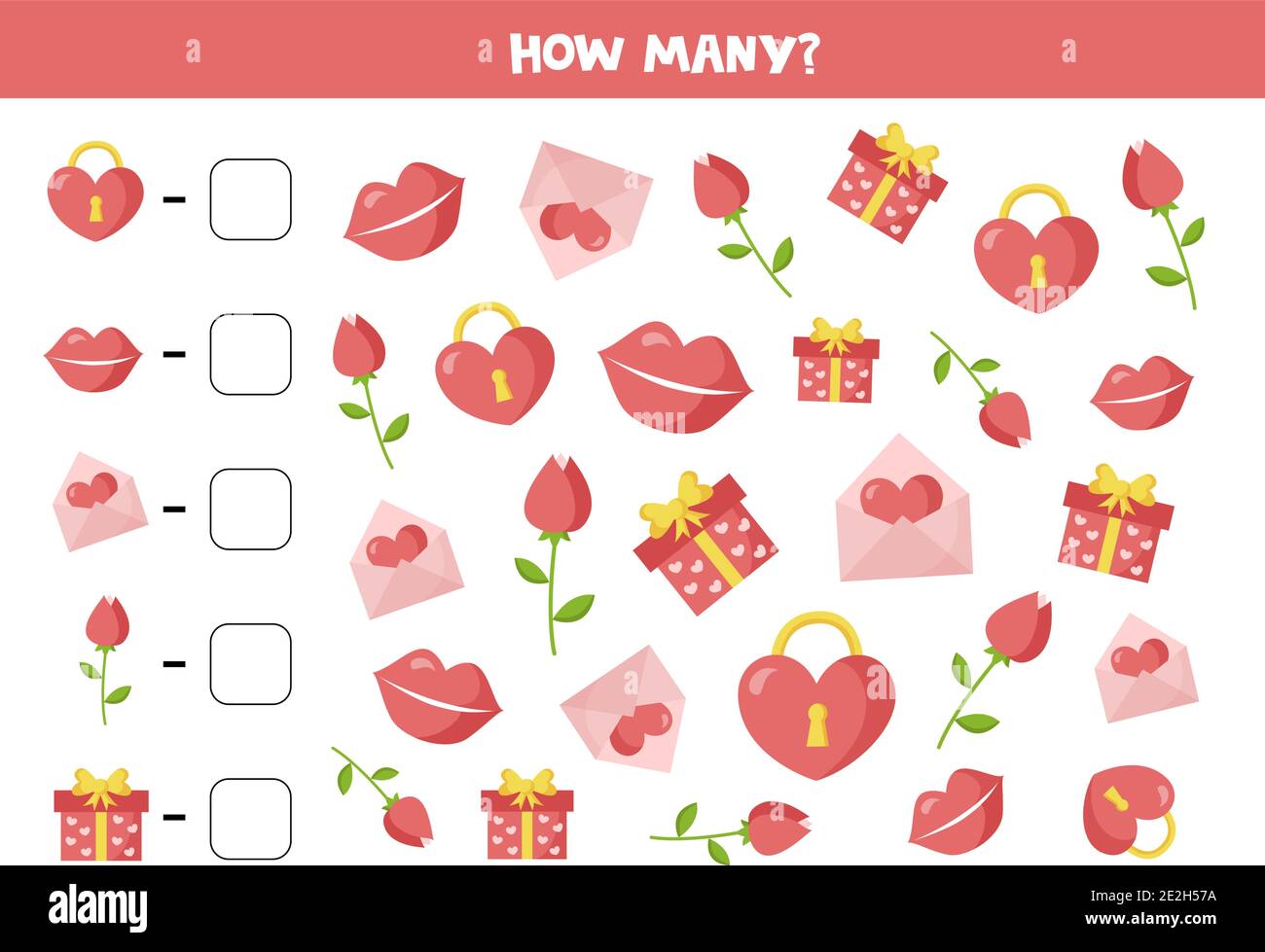 Count all valentine elements and write number into boxes. Math game for ...