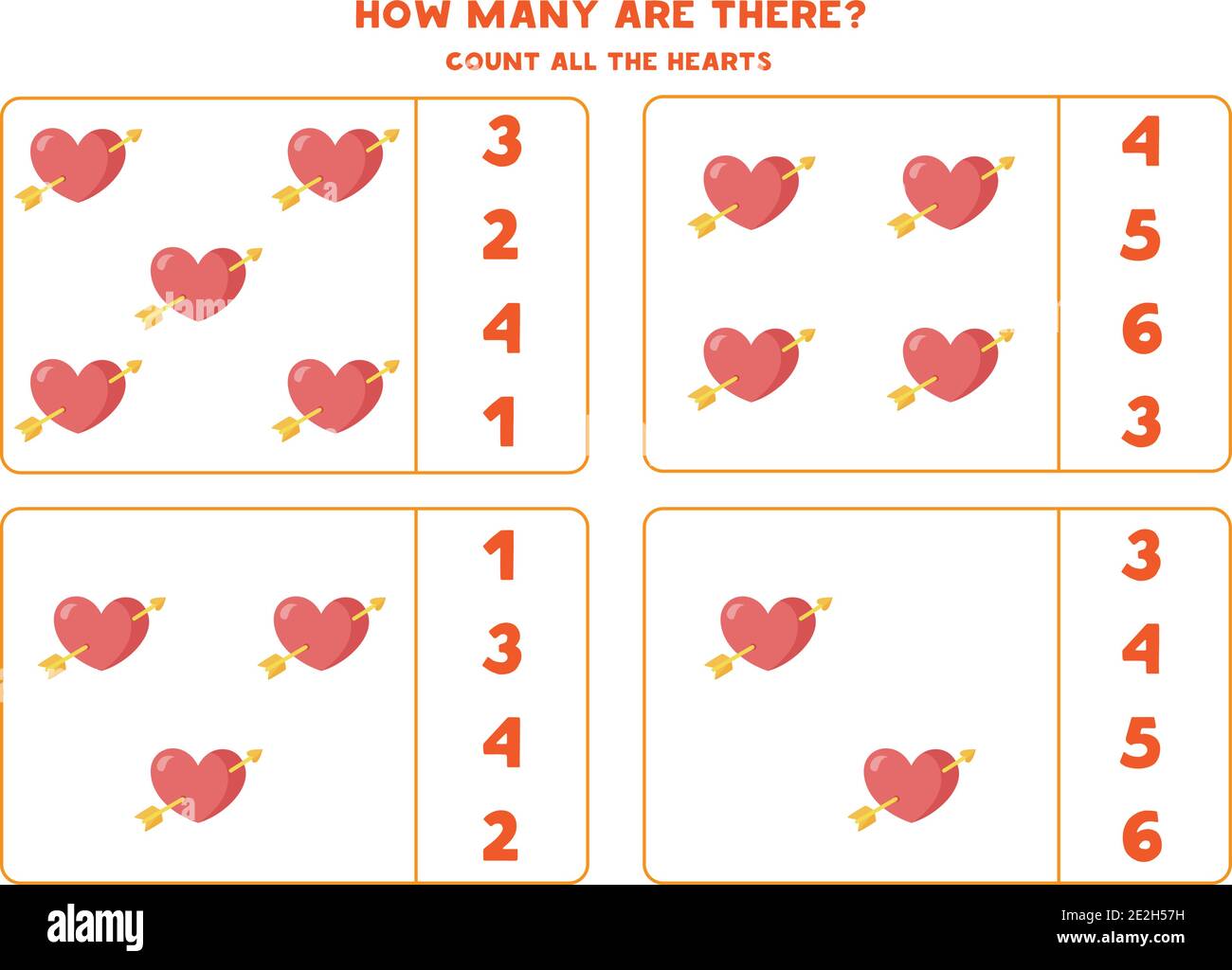 Count all valentine hearts with arrows and circle the right answer ...